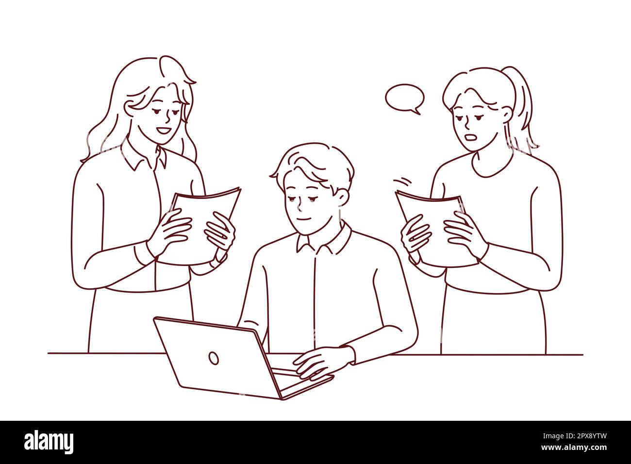 Female employee with paperwork stand near male boss or CEO in office ...