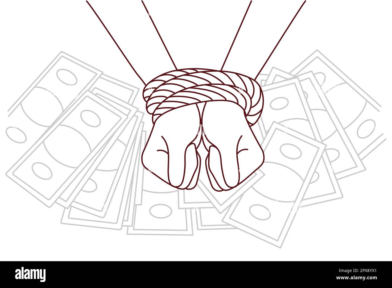 Closeup of person with tied hands on banknotes background ...