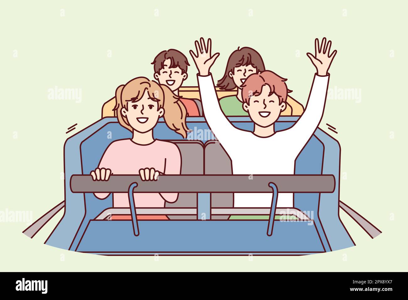 Joyful teenage children ride rollercoaster and raise hands smiling ...