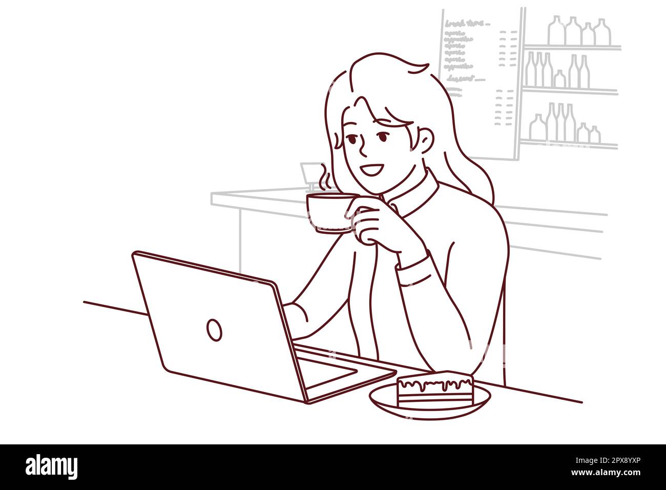 Smiling young woman sit in cafe working on computer. Happy girl drink ...