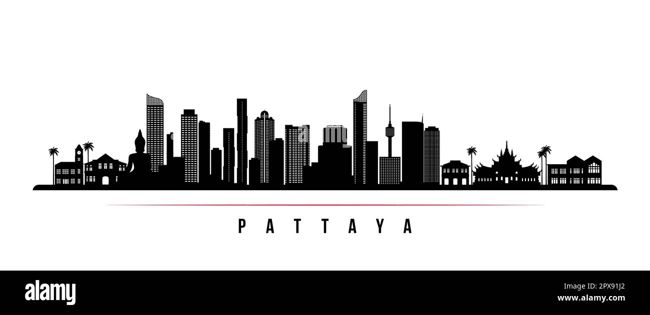 Pattaya skyline horizontal banner. Black and white silhouette of ...