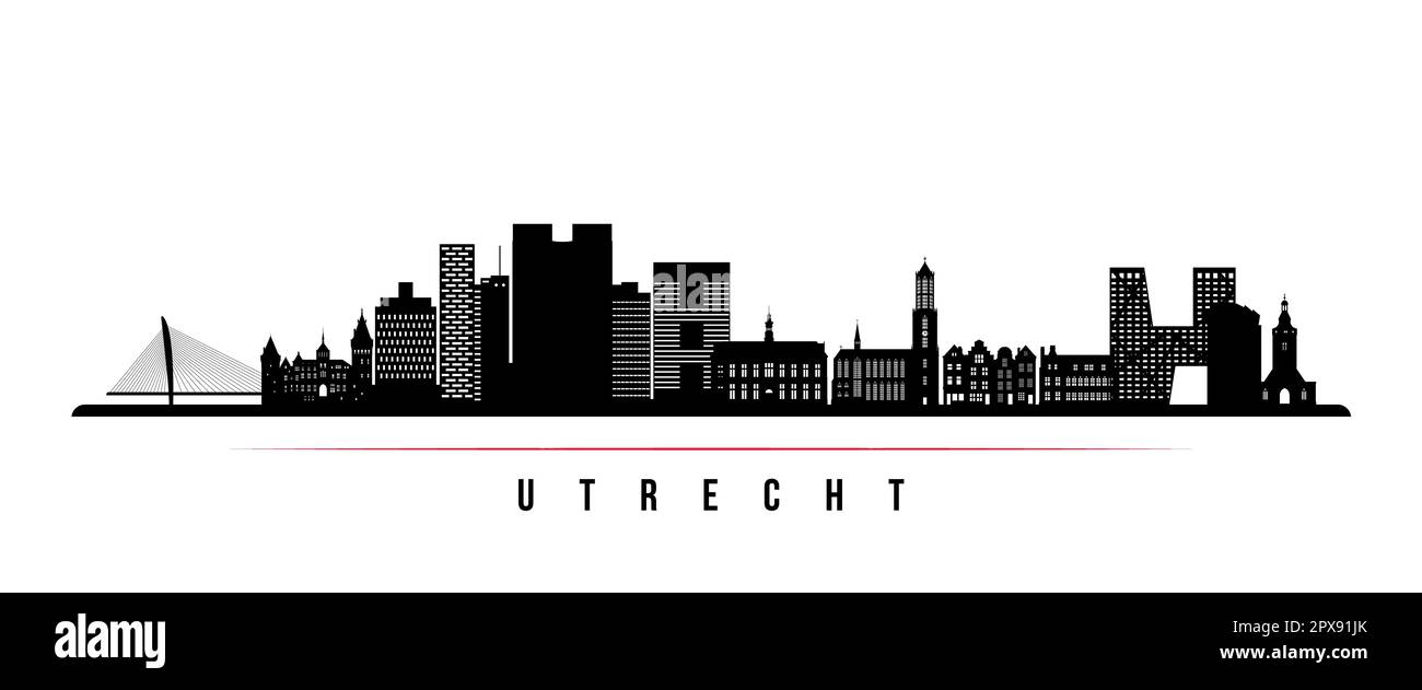 Utrecht skyline horizontal banner. Black and white silhouette of Utrecht, Netherlands. Vector ...