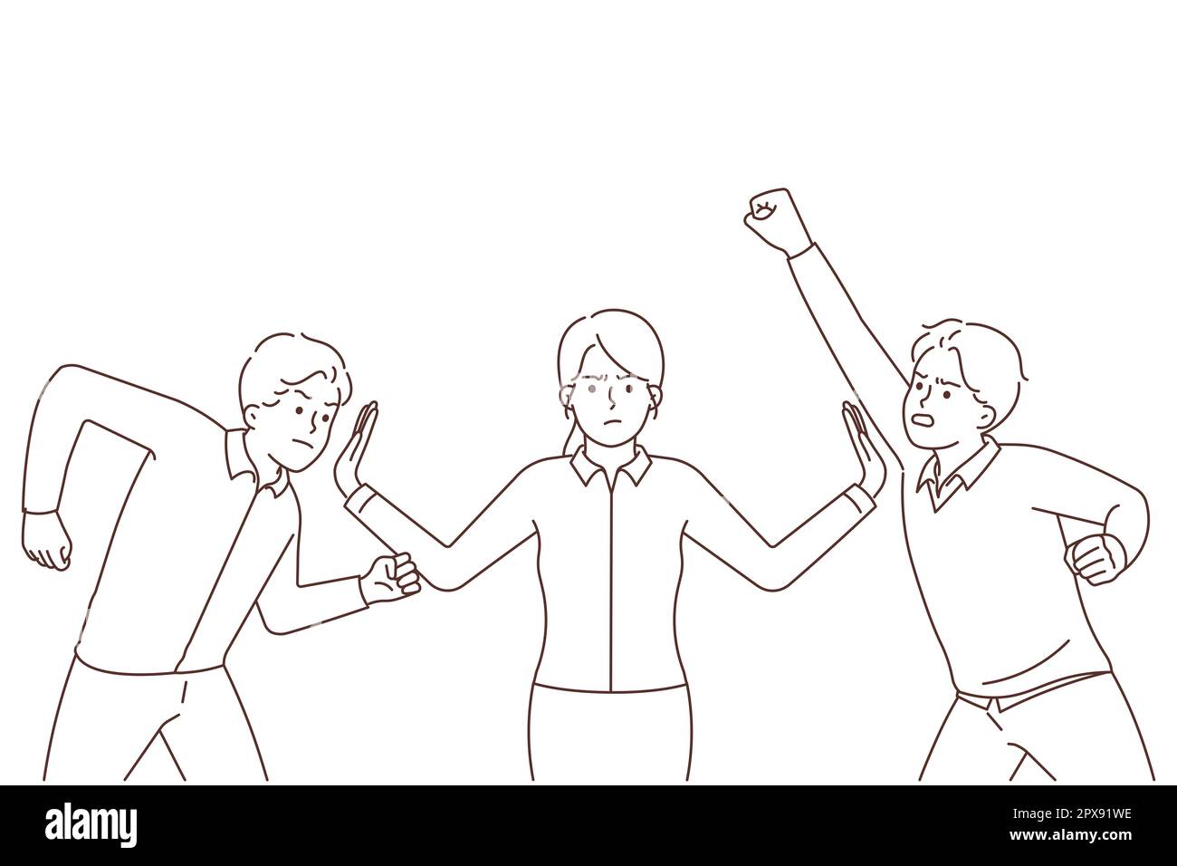 Woman stop aggressive mad men ready for fight. Female separate furious ...