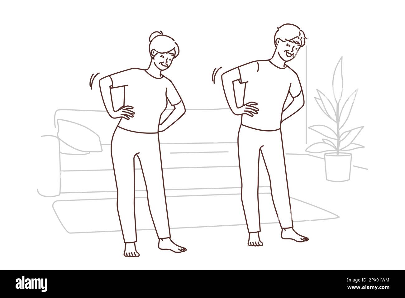 Happy mature couple do gymnastics at home. Healthy energetic elderly ...