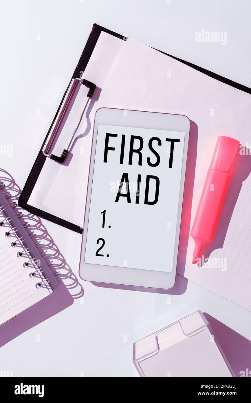 Text showing inspiration First Aid, Word Written on Practise of healing ...