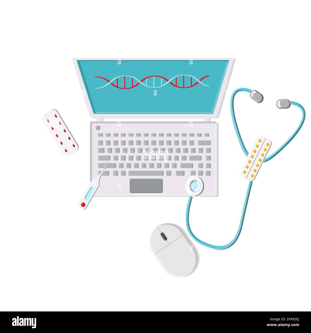 Top view on flat lay of a laptop computer doctor medical worker with a ...