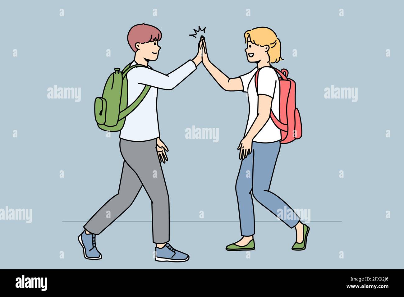 Smiling schoolchildren walking outdoors give high five. Happy friends ...