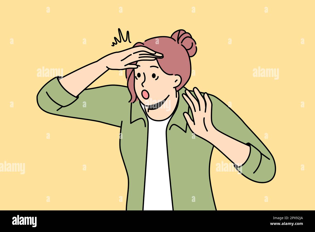 Scared young woman look in distance searching for something. Astonished ...