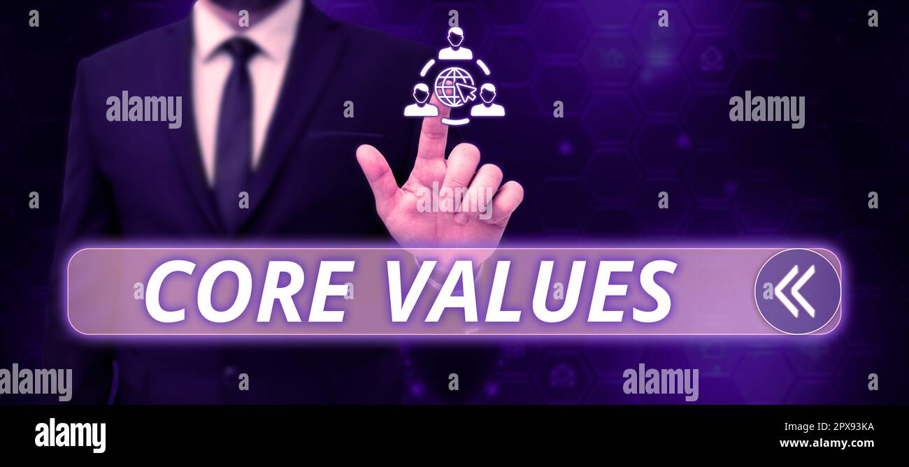 Text showing inspiration Core Values, Word Written on belief person or ...