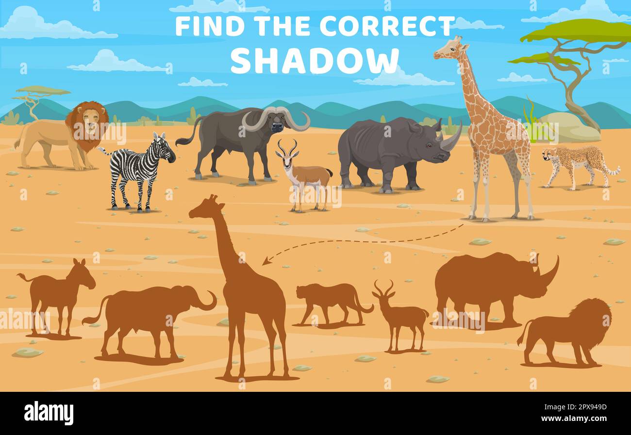 Find correct shadow of cartoon african savannah animals. Educational ...