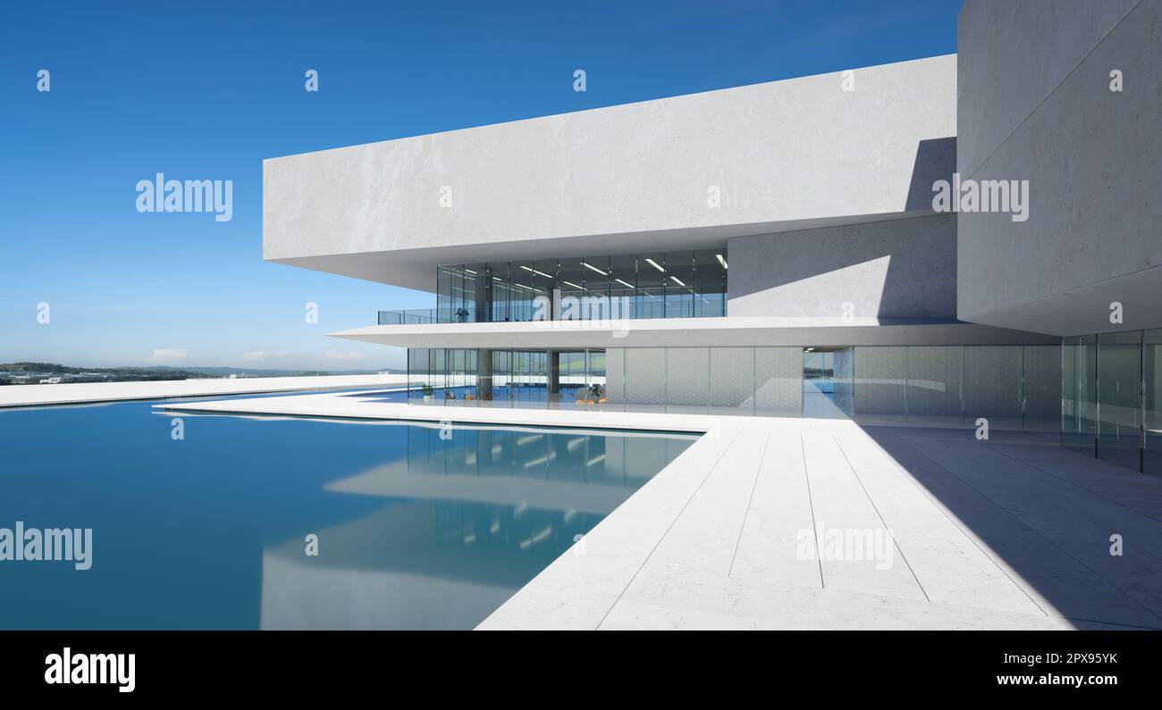 Modern architecture with a pool, concrete and glass facade, minimalist ...