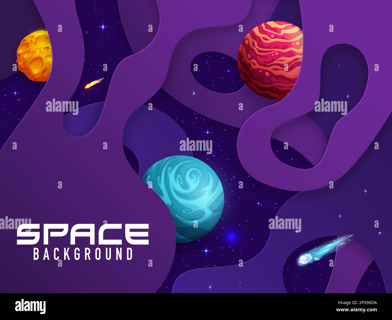 Space paper cut landscape with stars, planets and comets. Cartoon ...