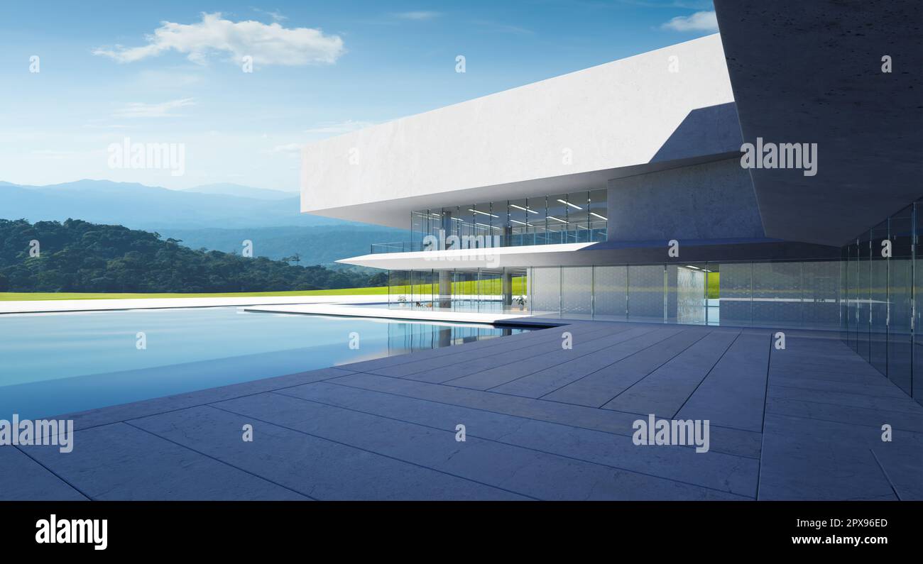 Modern architecture with a pool, concrete and glass facade, minimalist ...