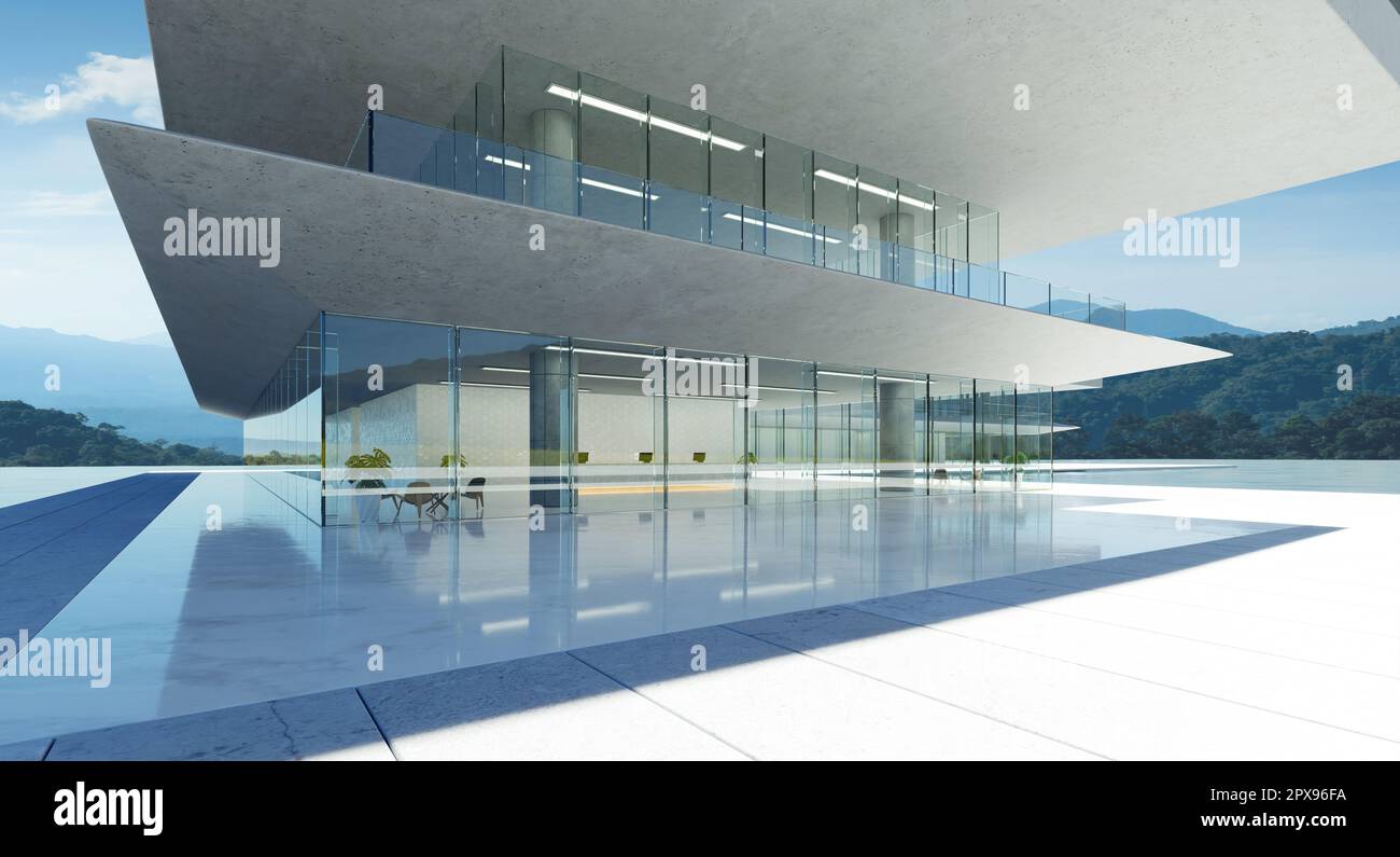 Modern office building with concrete and glass facade, minimalist style ...