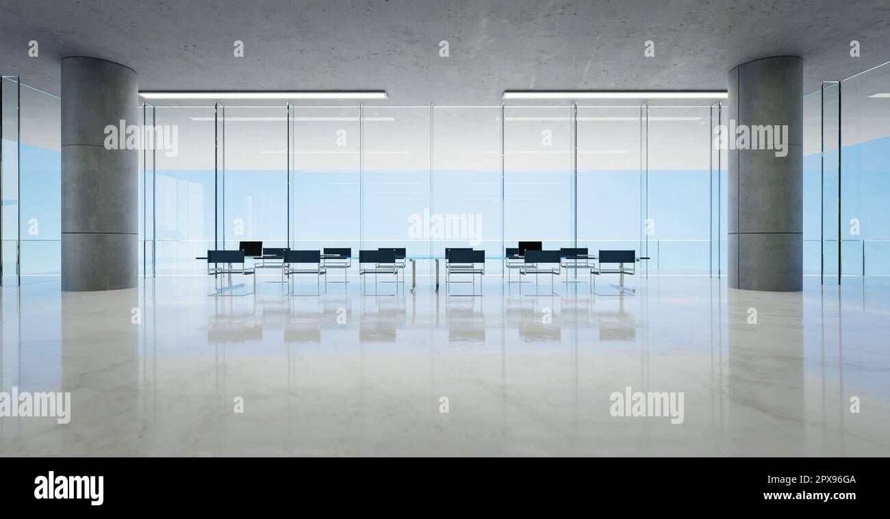 Modern conference meeting room with furniture, laptops, panoramic ...