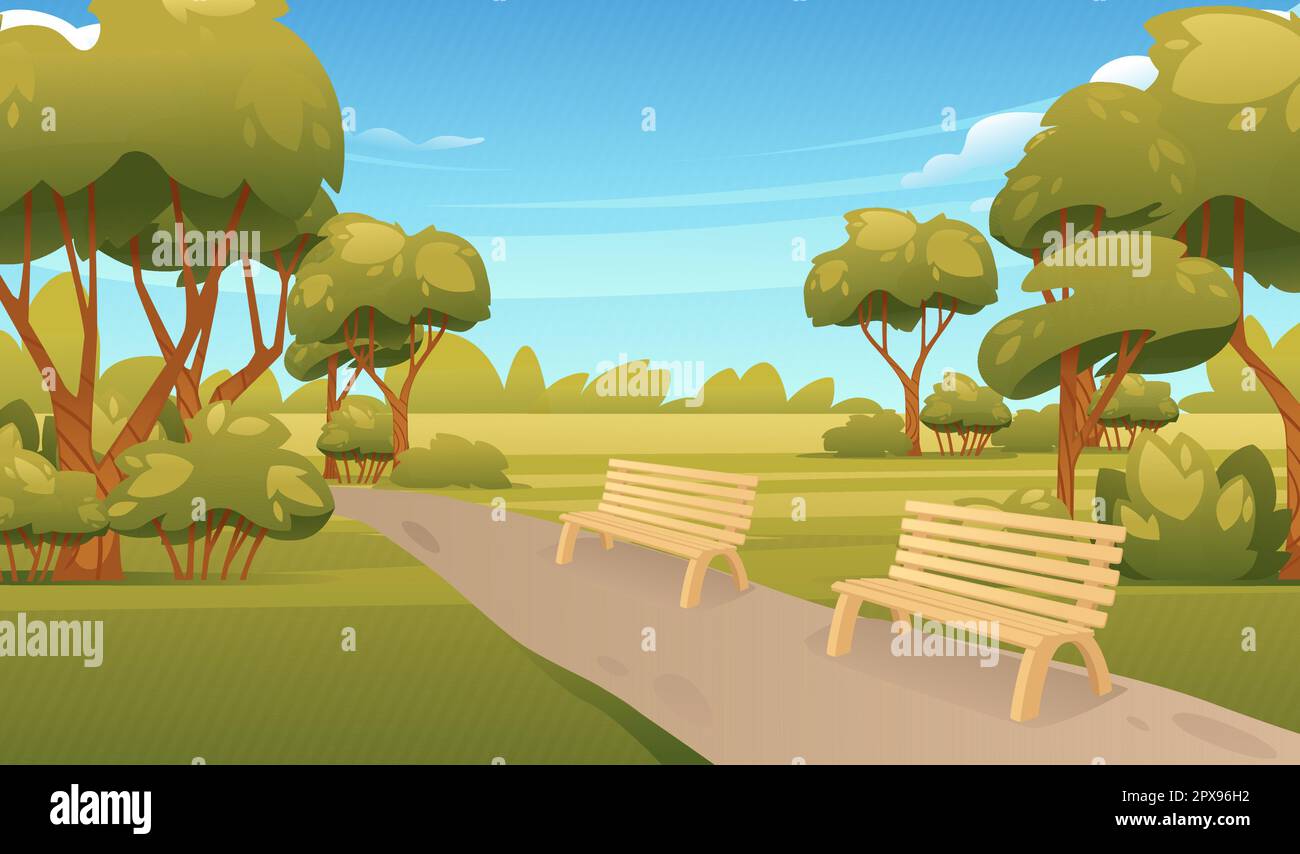 Spring or summer park landscape with trees benches and sunny blue sky ...
