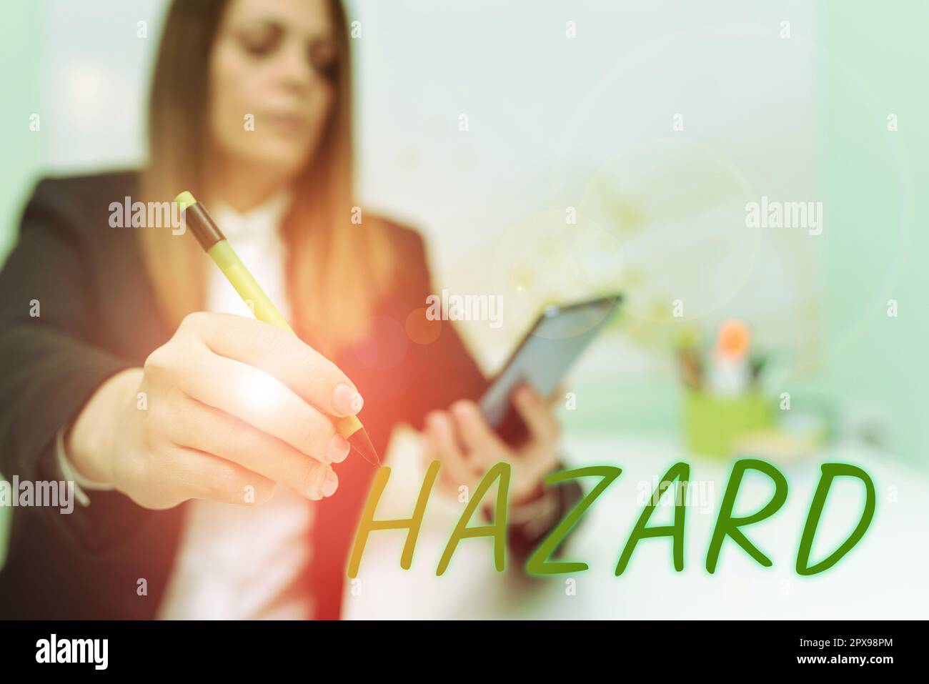 Sign displaying Hazard, Word Written on account or statement describing ...
