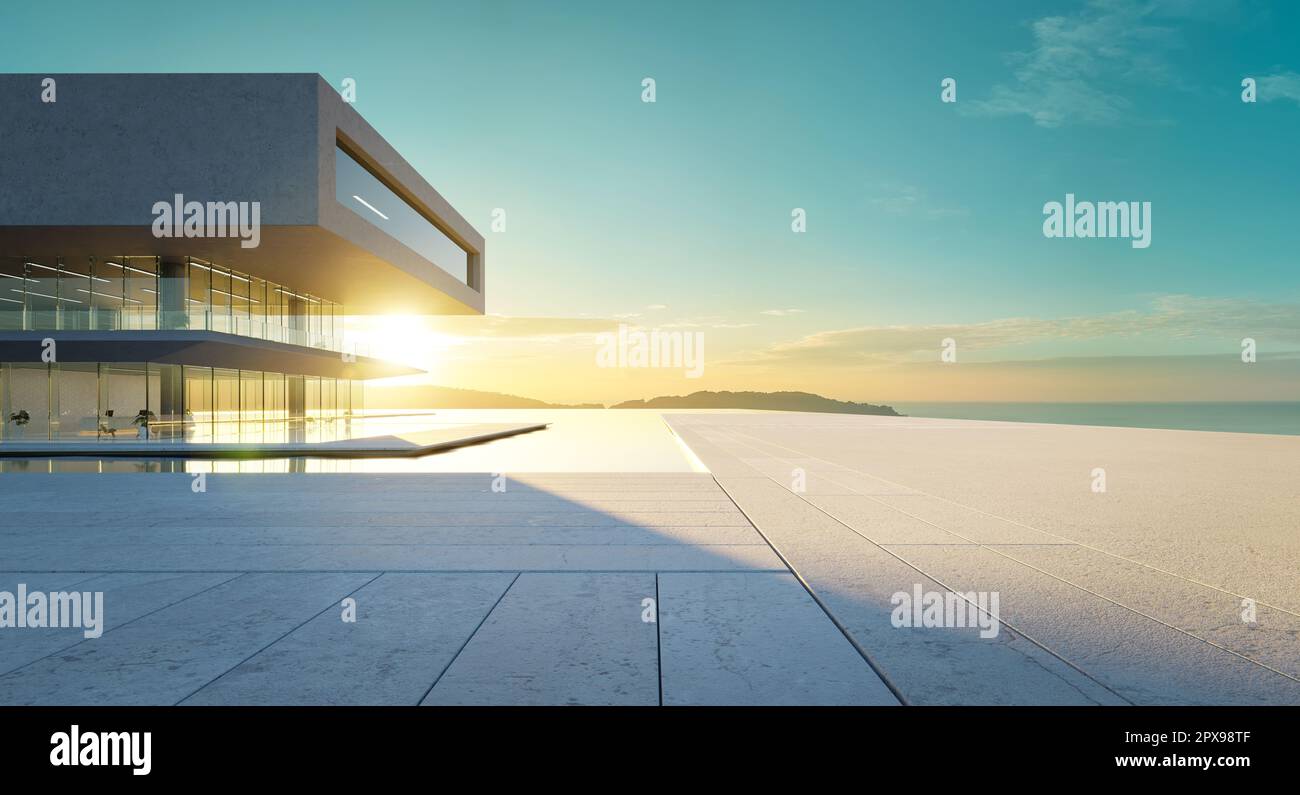 Modern architecture with a pool, concrete and glass facade, minimalist ...