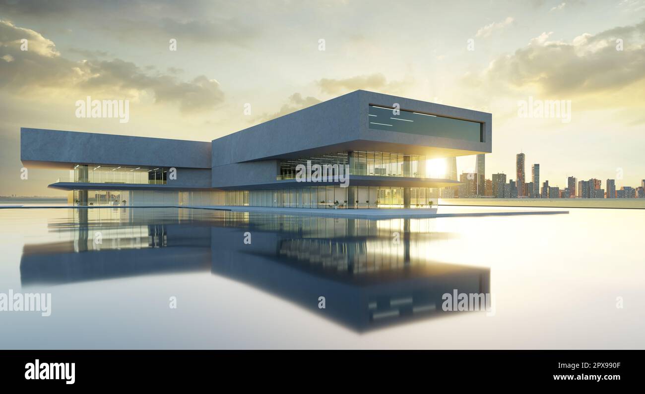 Modern architecture with a pool, concrete and glass facade, minimalist ...