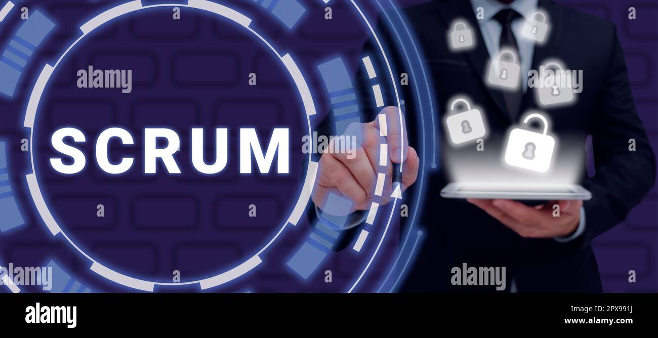 Hand writing sign Scrum, Internet Concept handwriting as distinct from print written characters ...