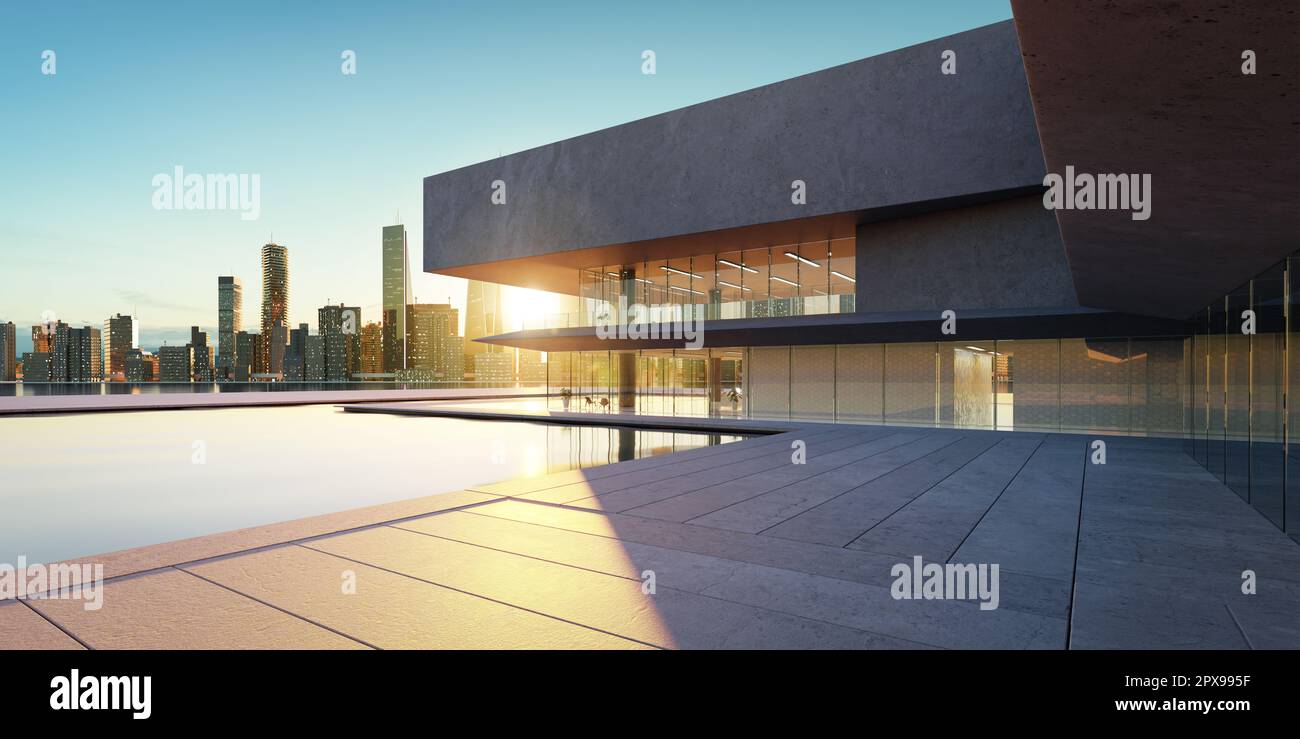 Modern architecture with a pool, concrete and glass facade, minimalist ...