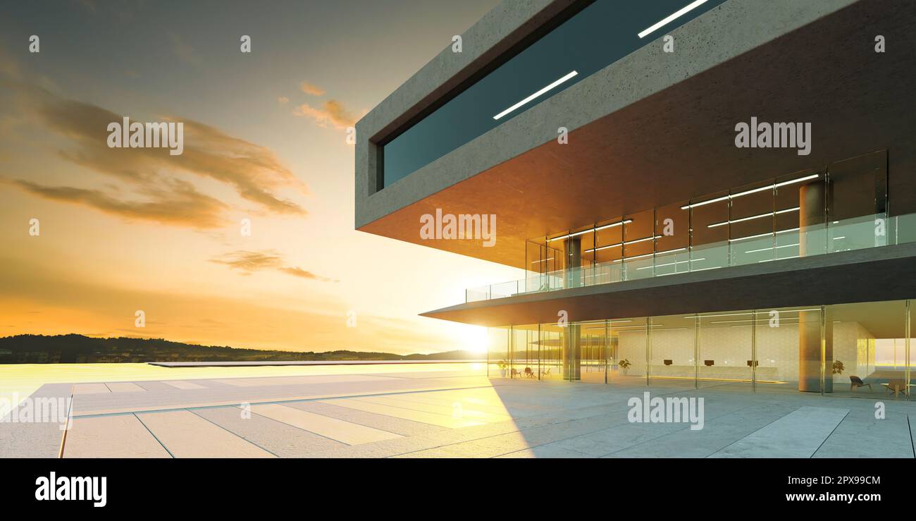 Modern architecture with a pool, concrete and glass facade, minimalist ...