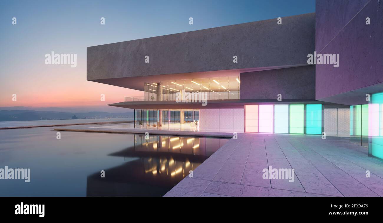 Modern architecture with a pool, concrete and glass facade, minimalist ...