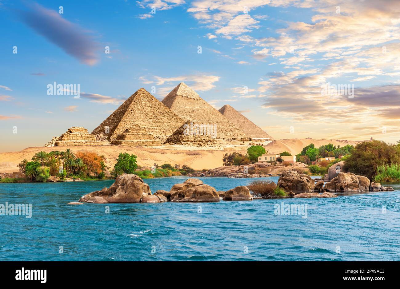 African stones near Aswan in the Nile on the way to the pyramids, Egypt ...