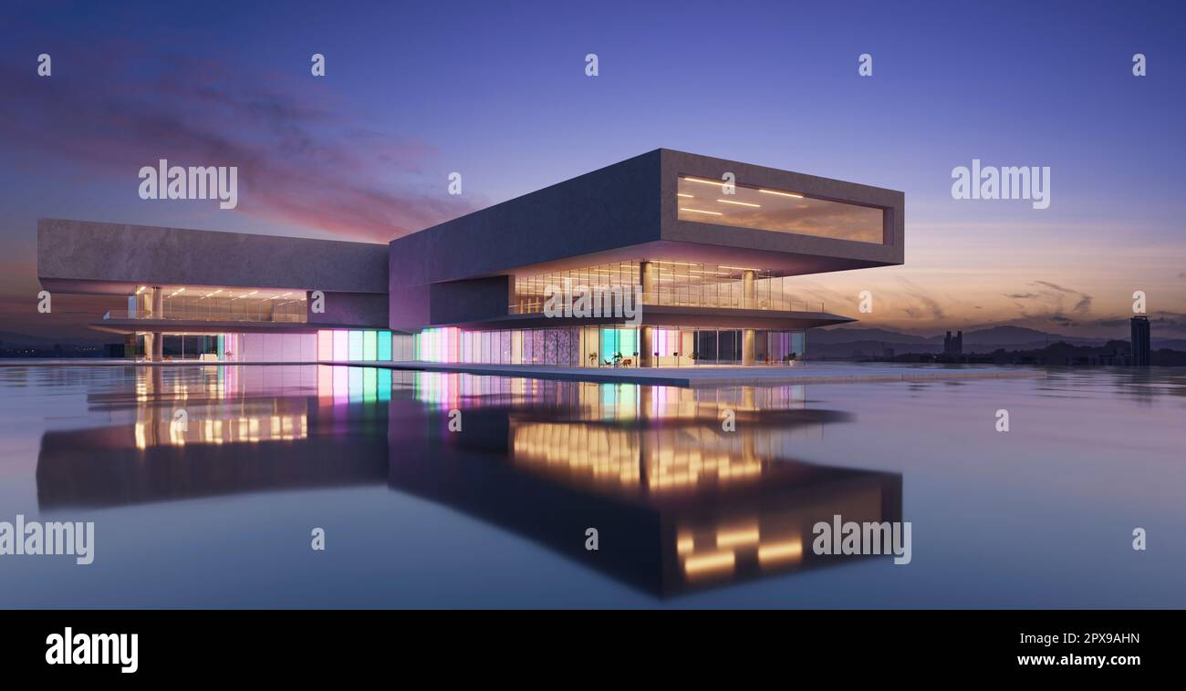The modern buildings have colored gradient glass walls with a lake in ...