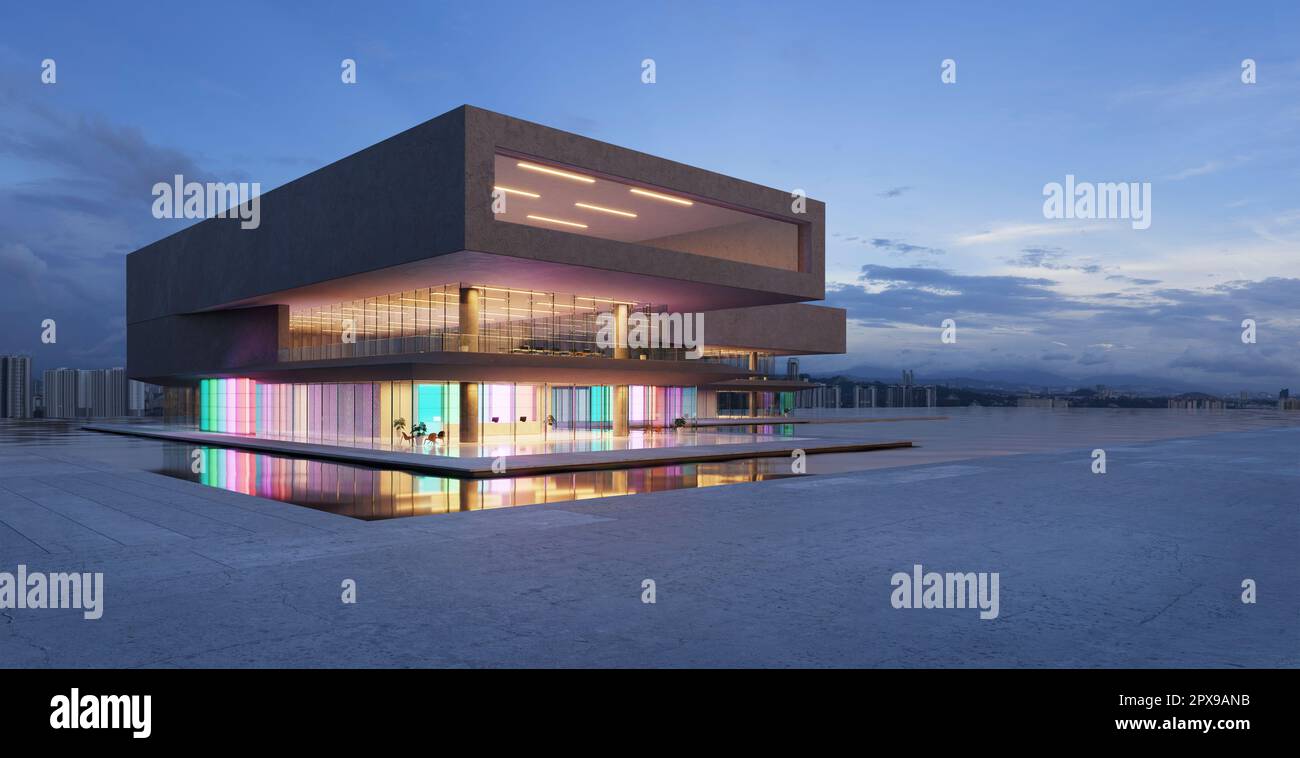 The modern buildings have colored gradient glass walls with a pond ...