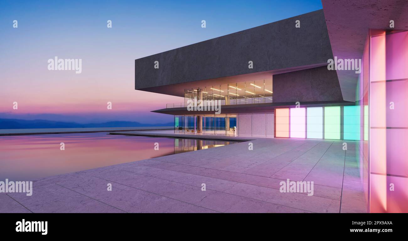 The modern buildings have colored gradient glass walls with a pond ...