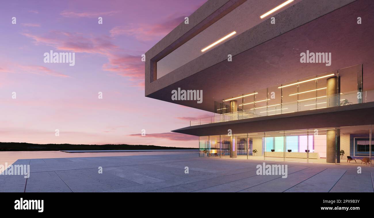 The modern buildings have colored gradient glass walls with a pond ...