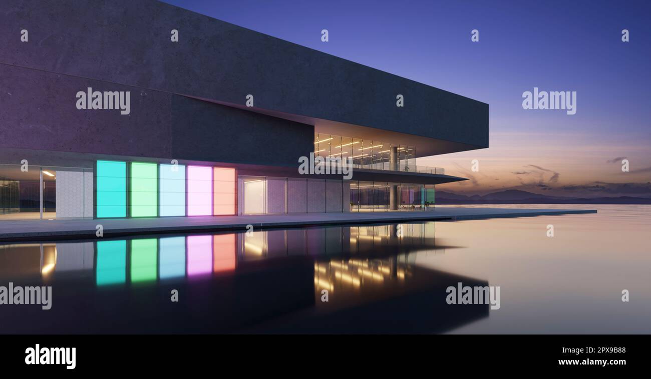 The modern buildings have colored gradient glass walls with a pond ...