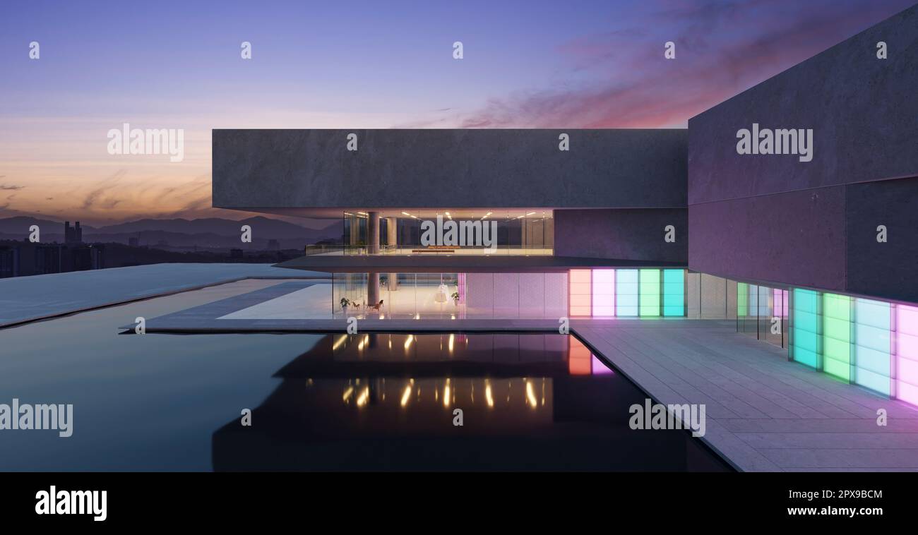 The modern buildings have colored gradient glass walls with a pond ...