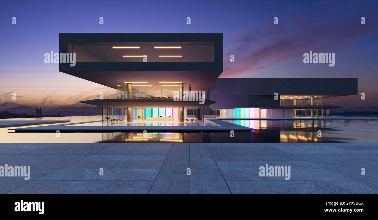 The modern buildings have colored gradient glass walls with a pond ...