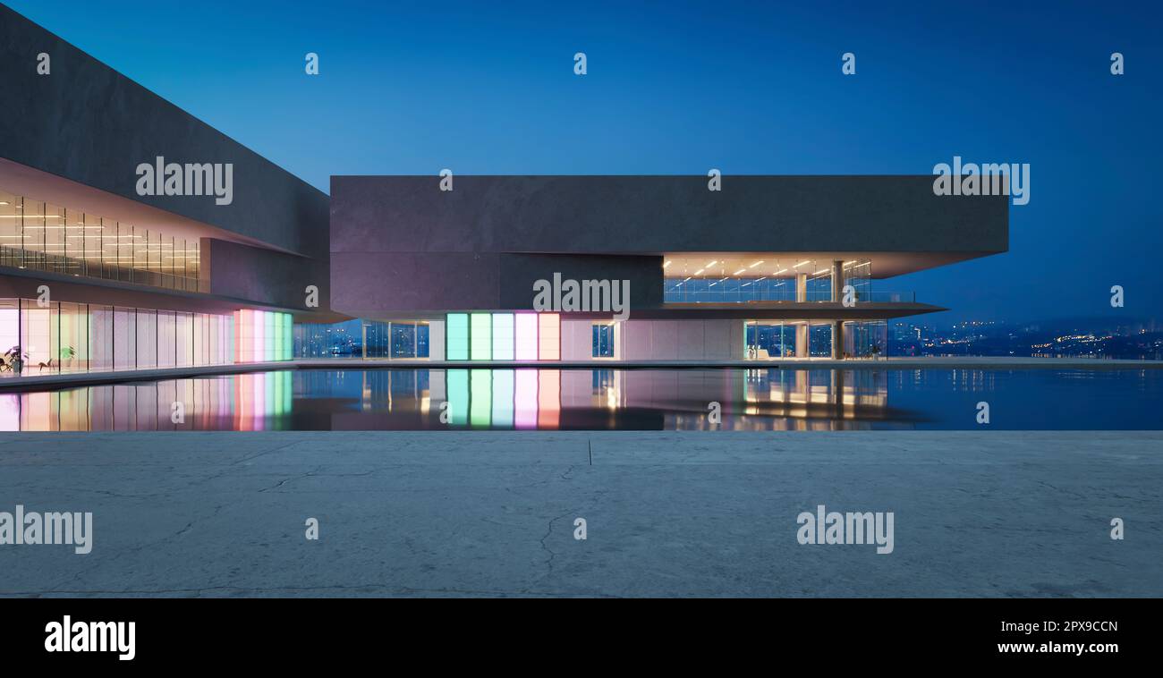 The modern buildings have colored gradient glass walls with a pond ...