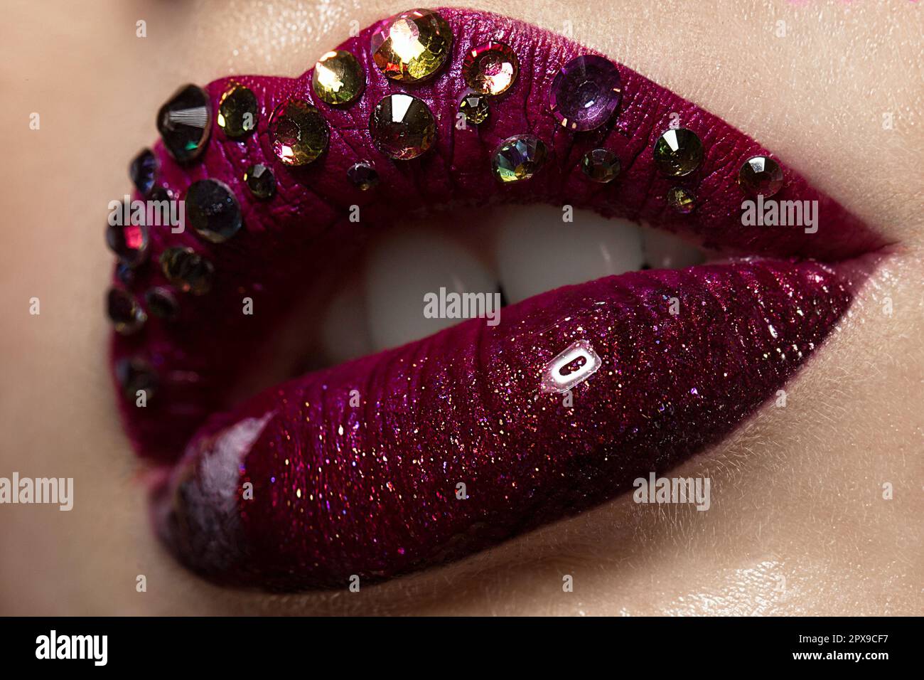 red female art lips with rhinestones close-up. Beauty face Stock Photo ...