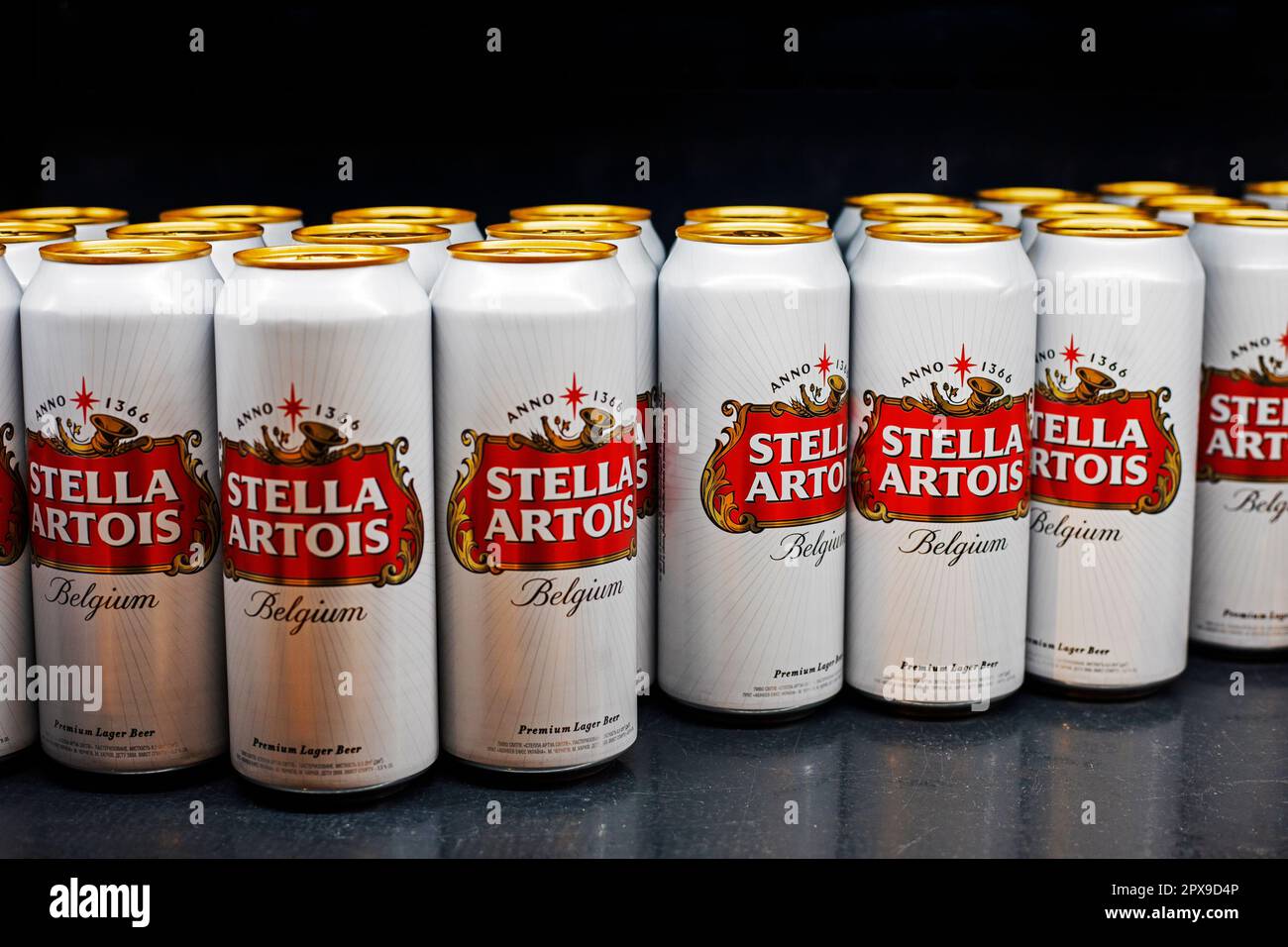 cooling drinks stella artois on the counter in a store in Ukraine on ...