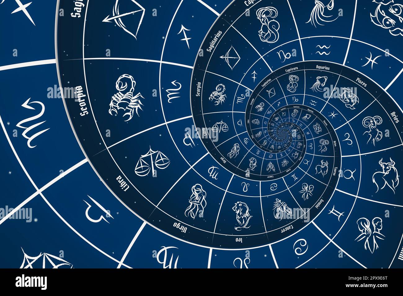 Astrological background with zodiac signs and symbol - blue Stock Photo ...