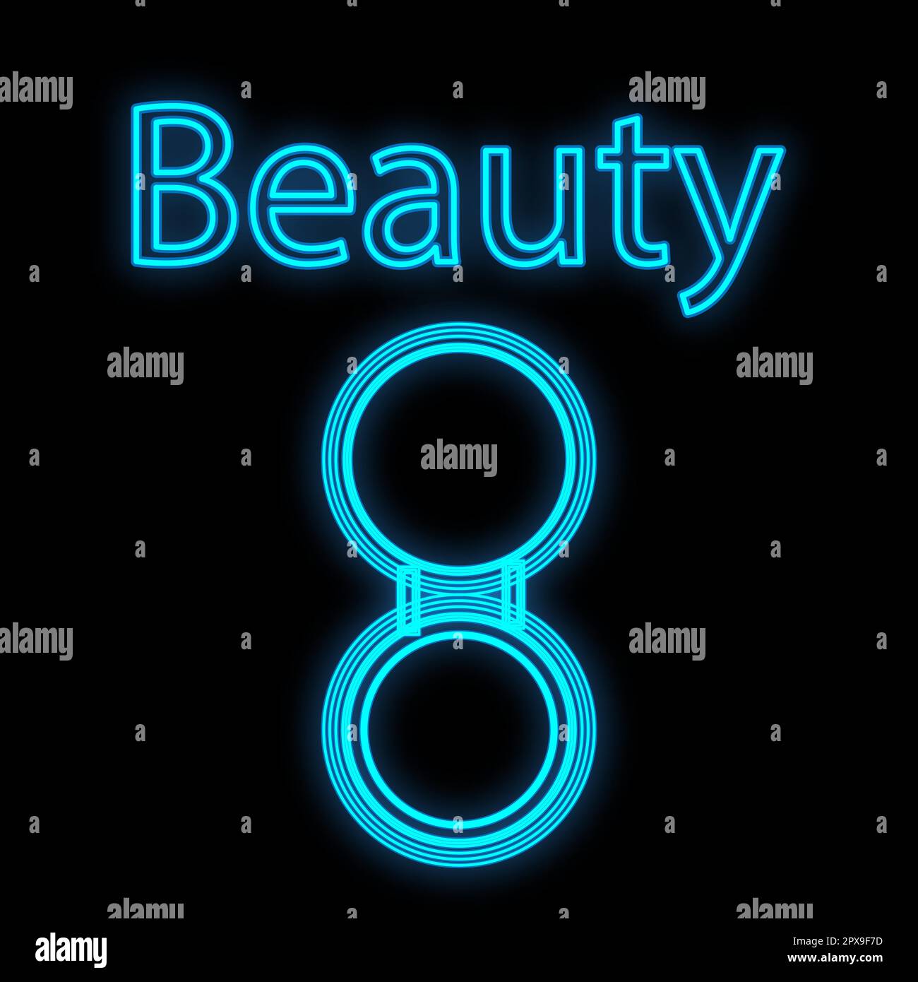 blue neon powder on a black background. powder box round with a mirror ...