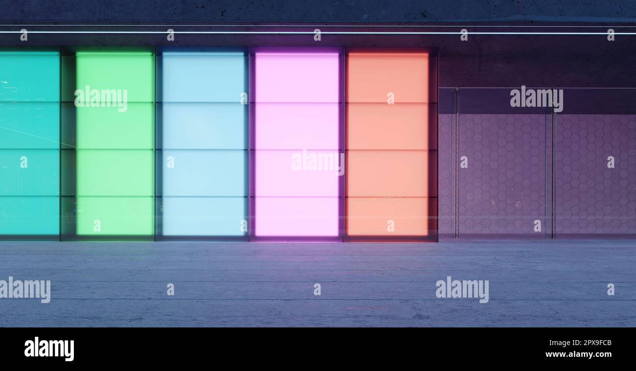 Empty concrete floor with color gradient transparent glass exterior ...