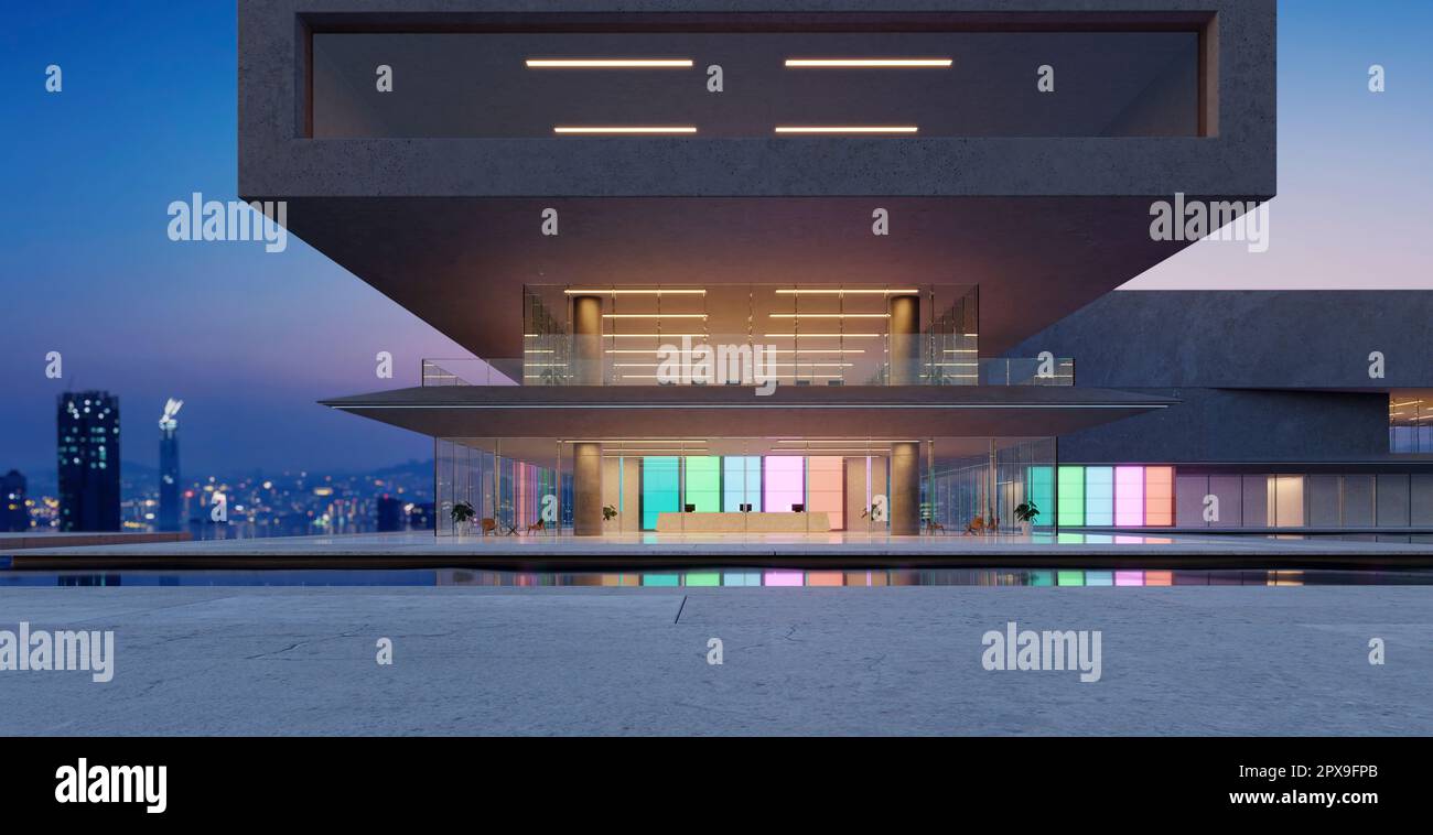 The modern buildings have colored gradient glass walls with a pond ...