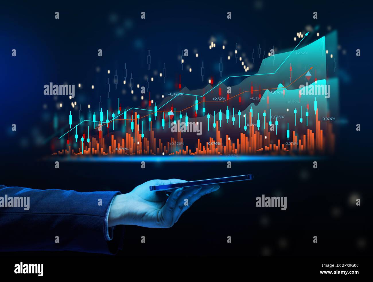 Woman's hand holding a smartphone with a holographic financial graph ...