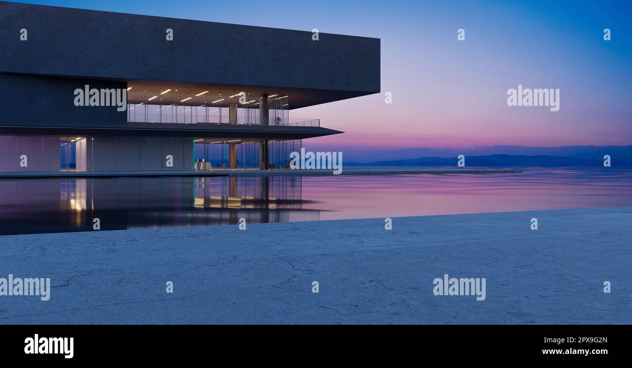 The modern buildings have colored gradient glass walls with a pond ...