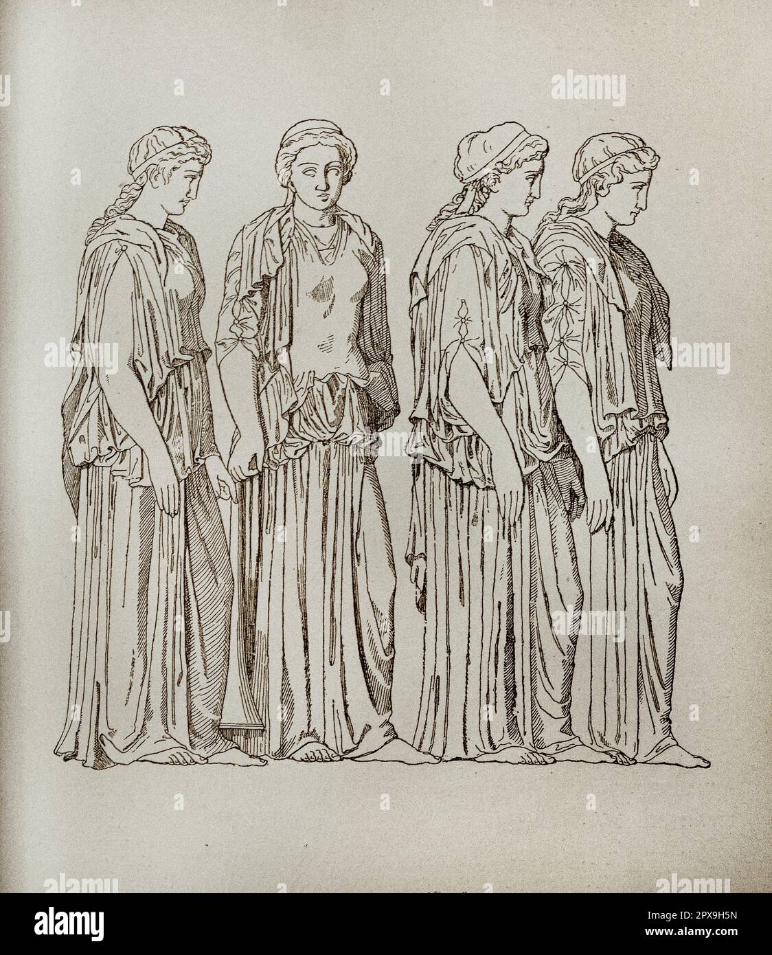 Vintage illustration of Athenian women in festive dresses. (Drawing ...