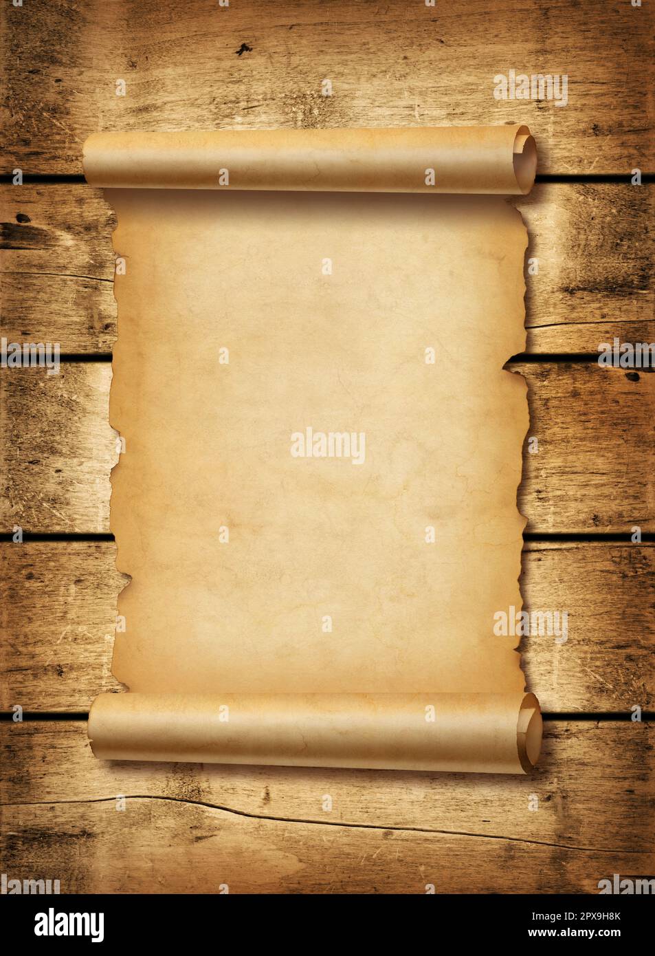 Old mediaeval paper sheet. Parchment scroll isolated on a wood board ...