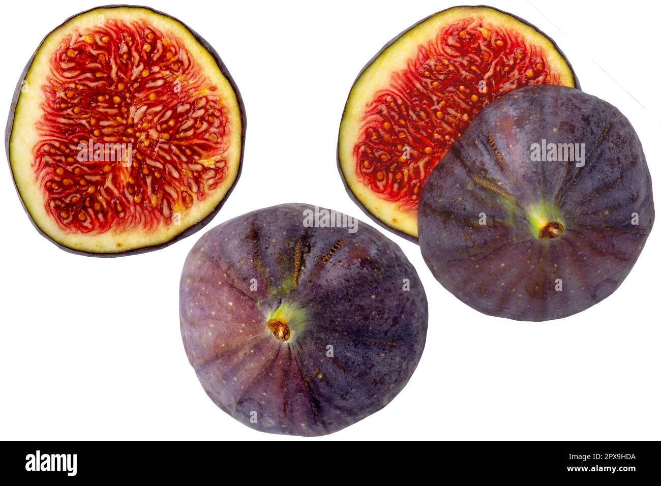 Close-up of a fresh sliced ripe purple fig fruit in three views ...