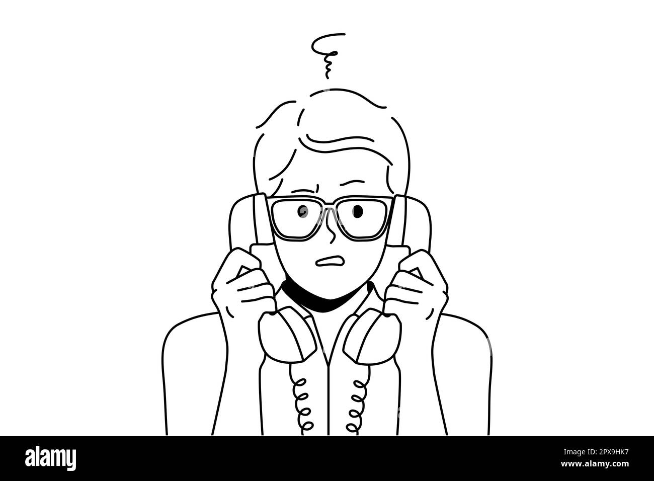 Confused man with landline phones headsets feel frustrated talking ...