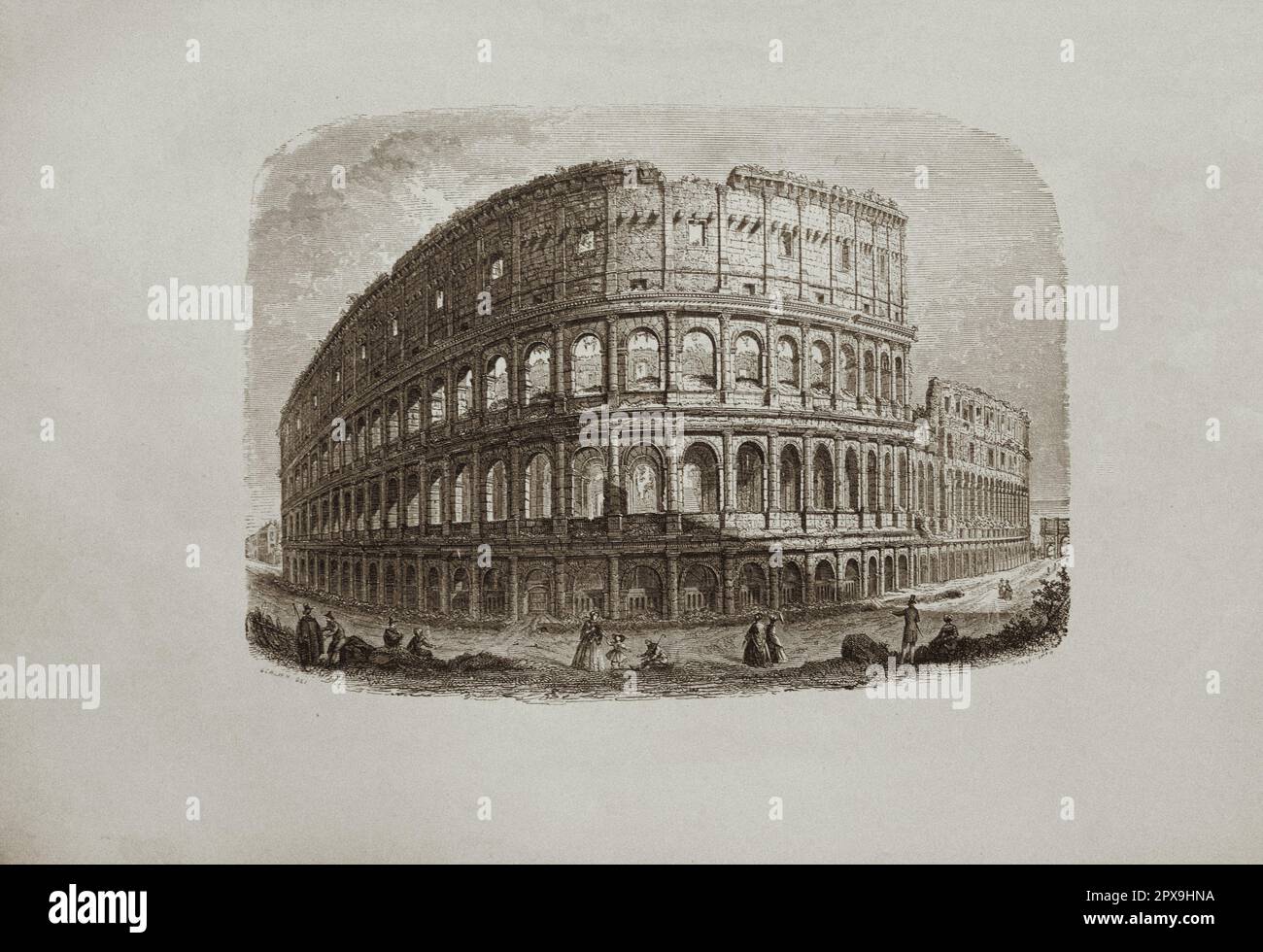 Vintage illustration of Colosseum. The Colosseum is an elliptical ...