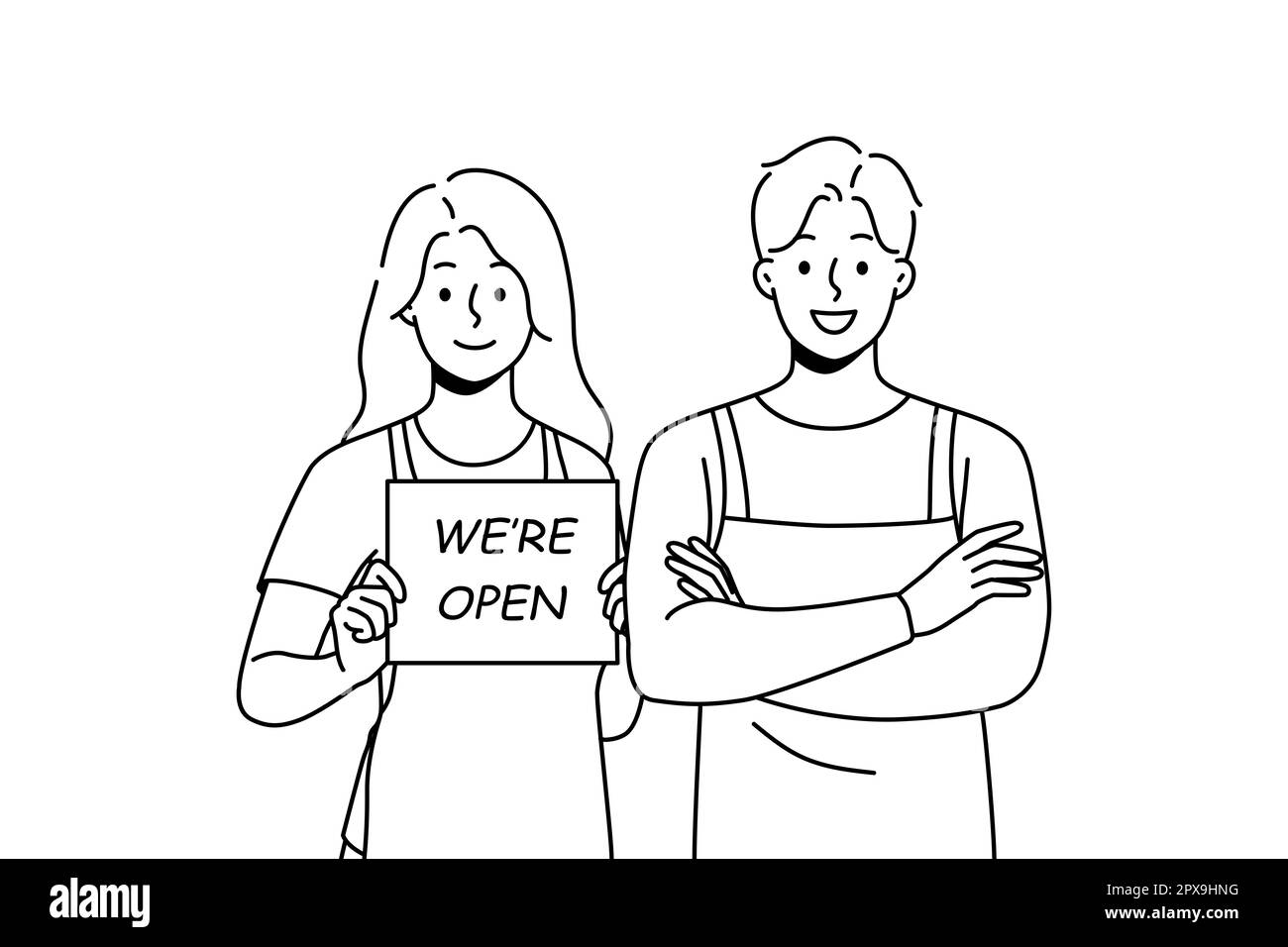 Smiling waiters in aprons hold open sign. Happy man and woman cafe ...